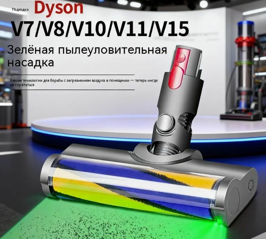 Турбощетка Laser Detect для пылесоса Dyson V7/V8/V10/V11/V15. Щетка насадка с лазерной зеленой подсветкой и мягким валиком. Для уборки твердых полов : ламинат, плитка, паркет.