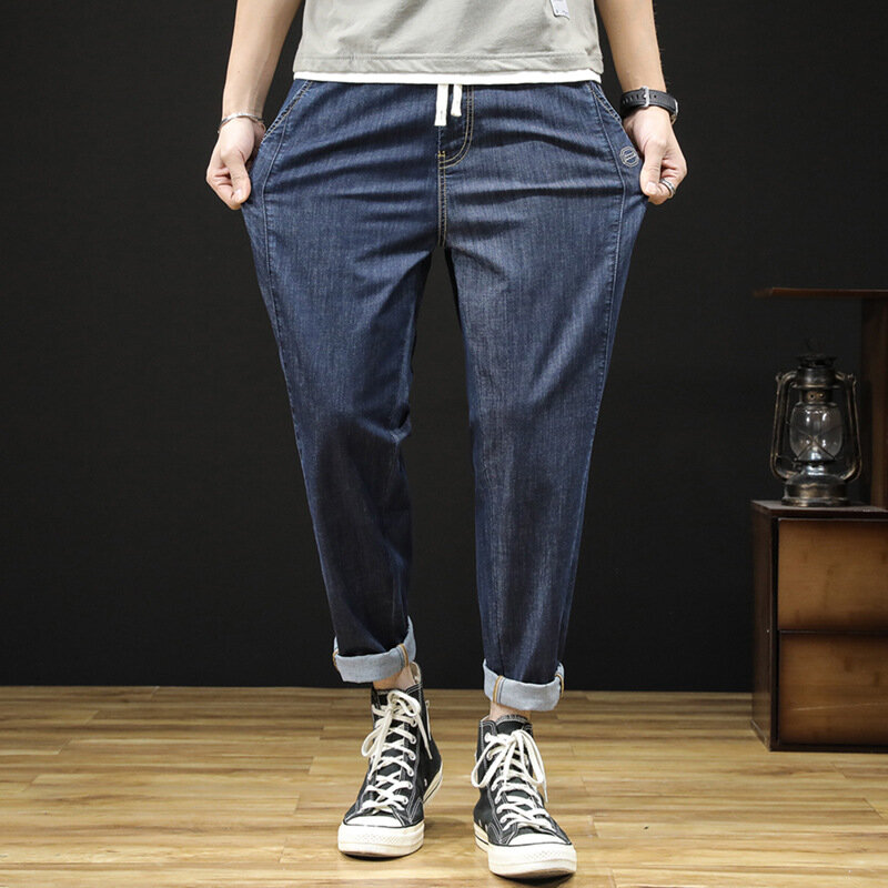 Охоты Брюки JYL Чистый цвет Тонкие крой штаны муж. модные вышивка значок свободн. Харлан штаны муж. плус размер джинсыВоенно-морской Синий/2XL