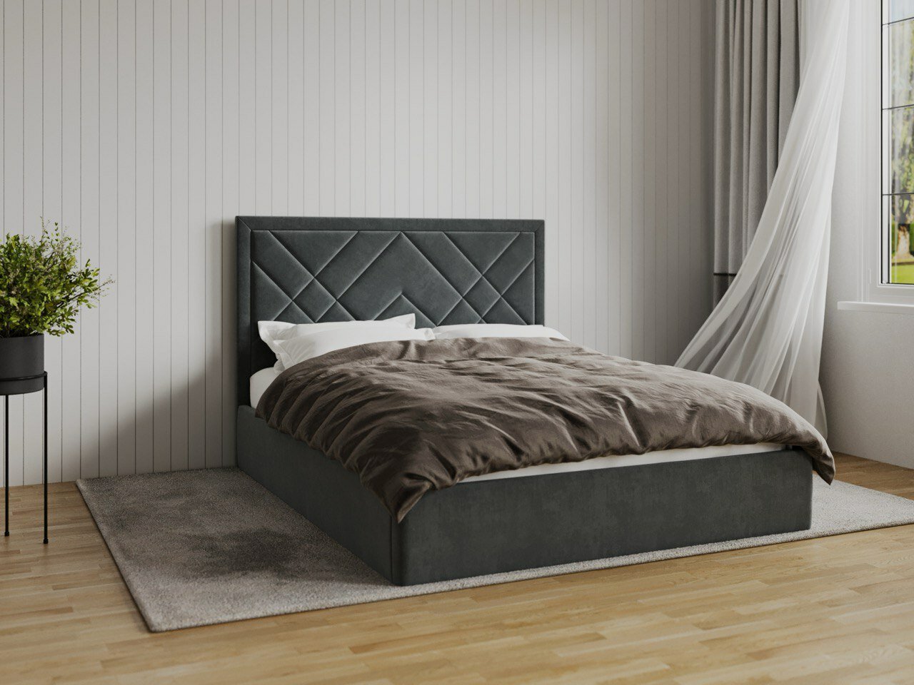 Кровать Геометрия 200×200 с подъёмным механизмом, велюр премиум, серая