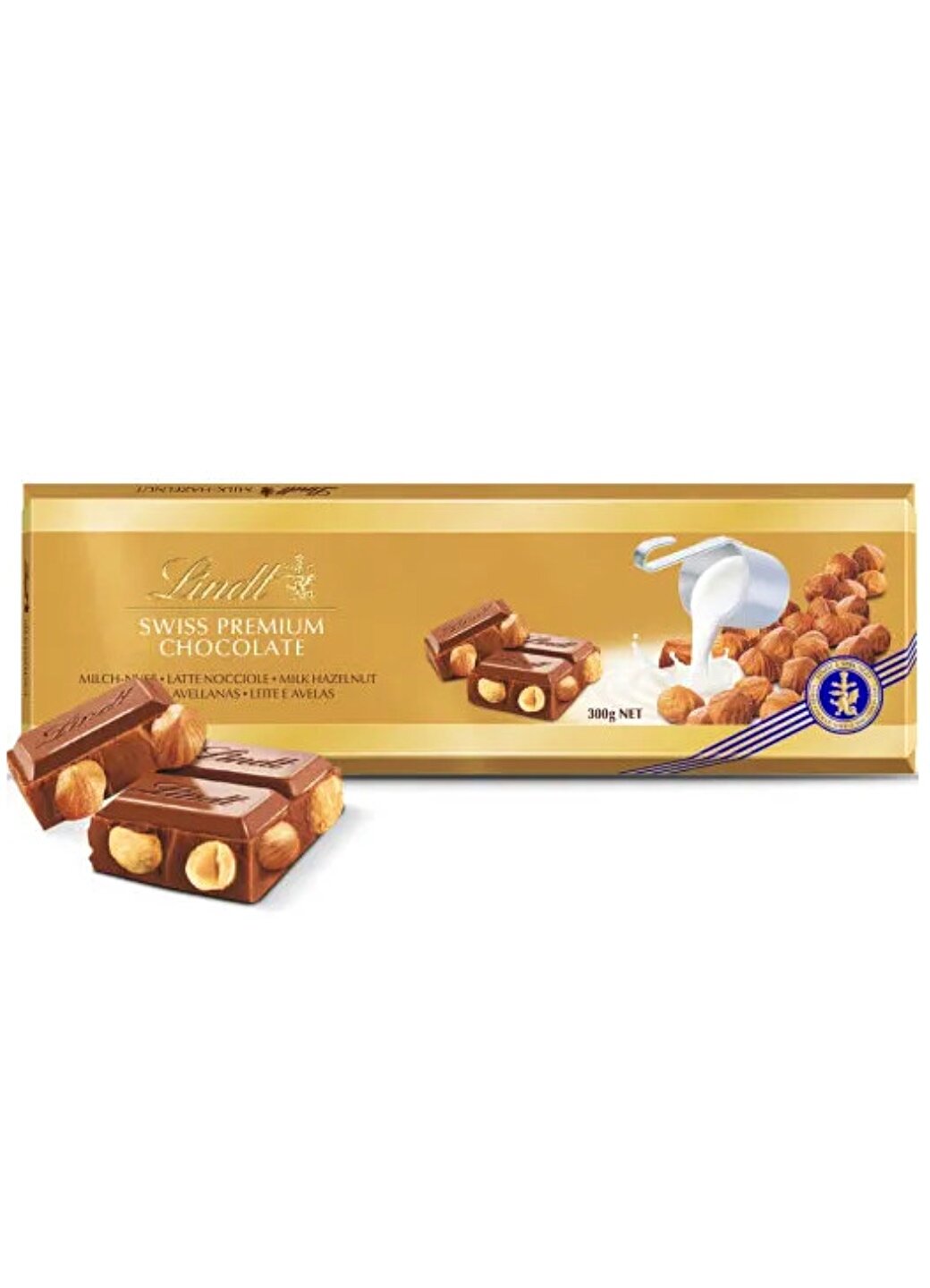 Шоколад молочный Lindt Gold с цельным фундуком, 300г (Швейцария)
