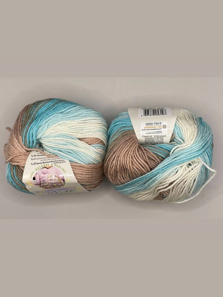 Два мотка пряжи Alize Baby Wool Batik(6320) ,50гр-175м, 40% шерсть, 20% бамбук, 40% акрил.