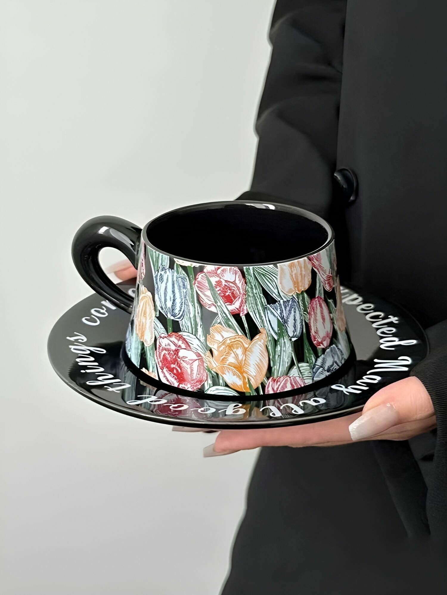 Чашка с блюдцем, чайная пара, кружка, подарок женщине, Rokbery, черный