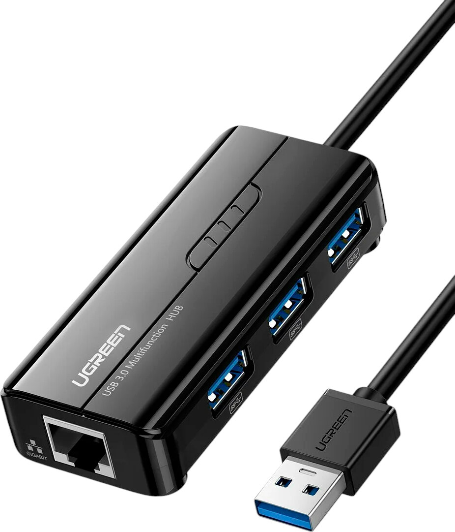 USB-разветвитель Ugreen Hub USB 3.0, чёрный (20265), USB 3.0х3, порт RJ-45, кабель 28 см