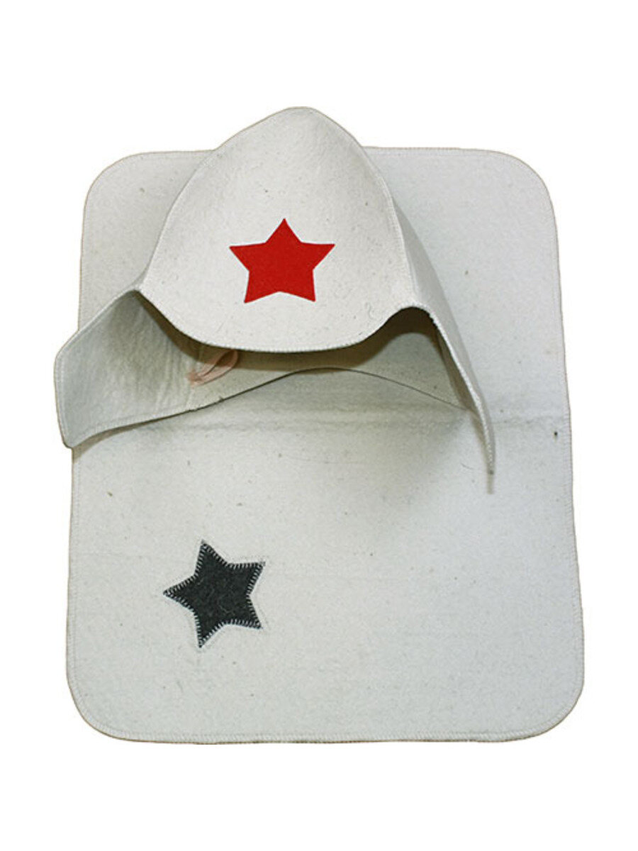 Банный комплект RUШER "Будёновка", войлок, белый, с аппликацией "звезда"
