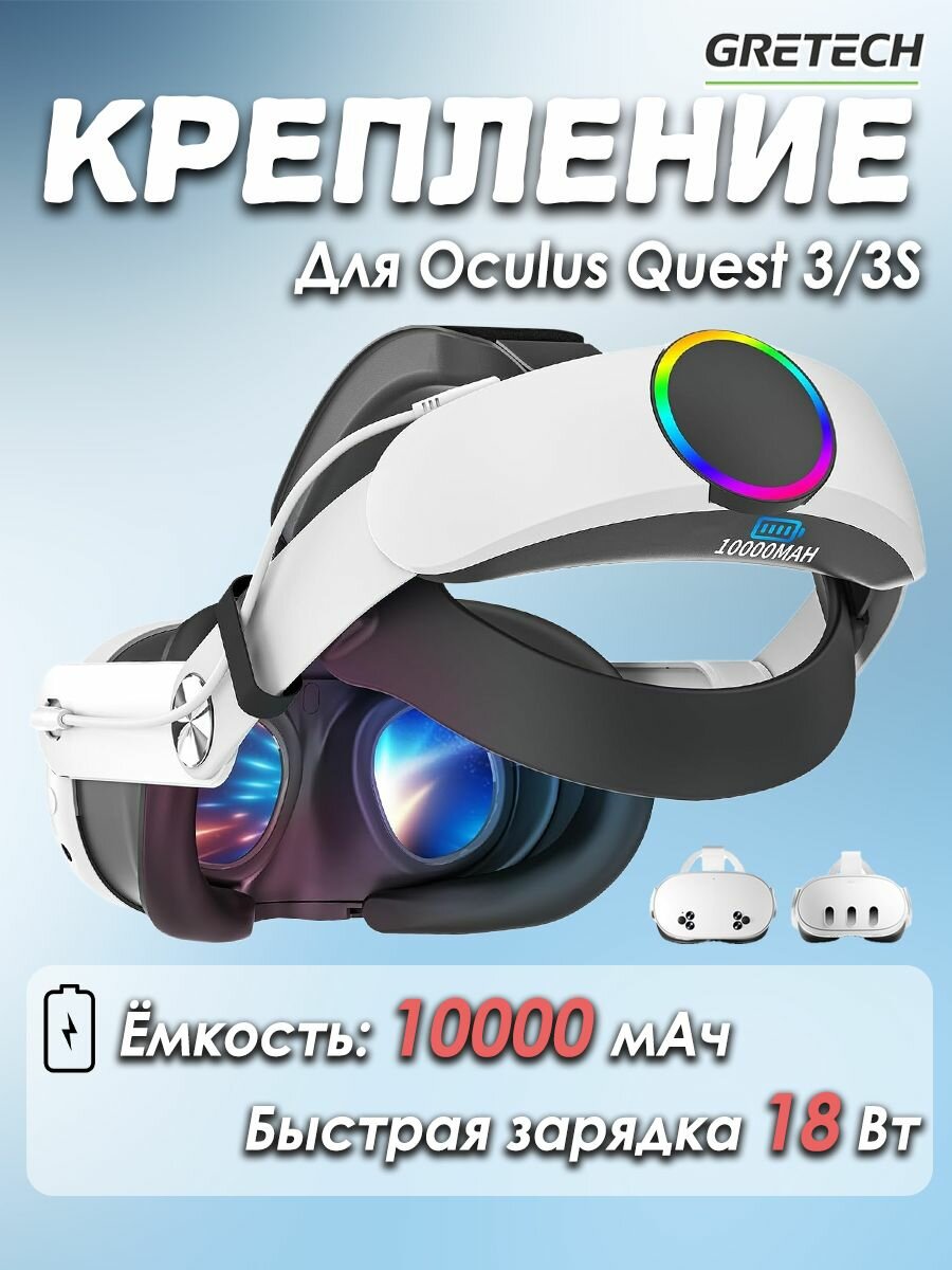 Крепление на голову для Oculus Quest 3/3S, VR-аксессуар, Встроенный аккумулятор емкостью 10000 мАч