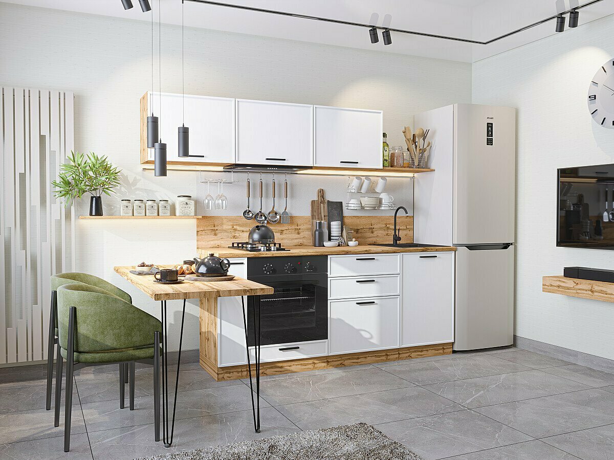 Готовый кухонный гарнитур кухня 2,3 м. Фрейм-01 White Silk, Дуб Вотан со столешницей 230х178х60 см