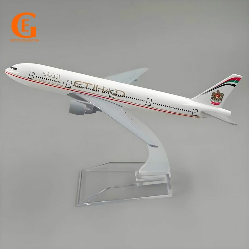 Металлическая модель самолета Boeing 777 Etihad Airways, масштаб 1/400, длина 15 см, для коллекционной витрины и настольного декора, без шасси, с пластиковой подставкой