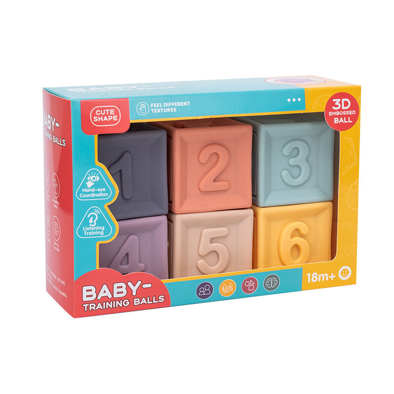 Набор из 6 мягких резиновых стекающихся блоков в коробке, образовательная игра для младенцев, безвредный материал