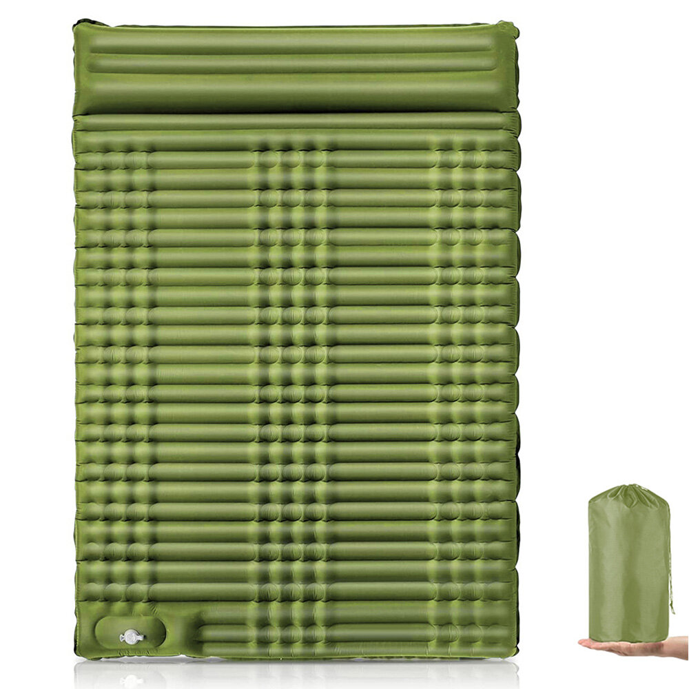 Двойная самонадувная матрас для сна размером 200x130cm, вес 2200g, цвета Армейский зеленый, Армейский желтый, Тёмно-синий, Сосновый зеленый, с встроенным ножным насосом и подушками, портативная кемпингова кровать для взрослых, для походов и трекинга, в