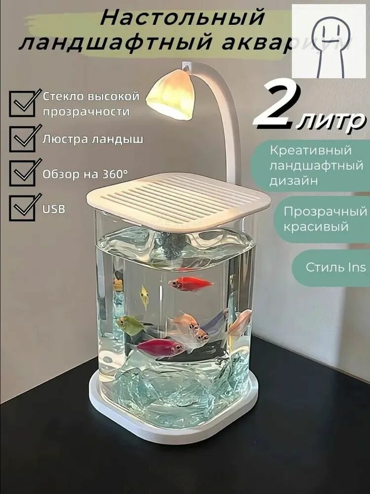 Набор аквариума для петушков "Ледяная синева" - мини-аквариум из сверхпрозрачного стекла (10 10 15см + LED-подсветка + кристаллы)