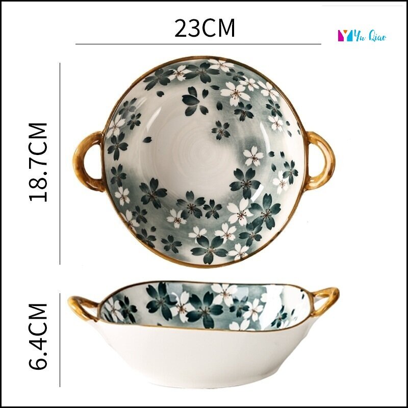 Керамическая миска для супа с двойной ручкой и защитой от ожогов, стильная салатница для лапши в цветочном дизайне