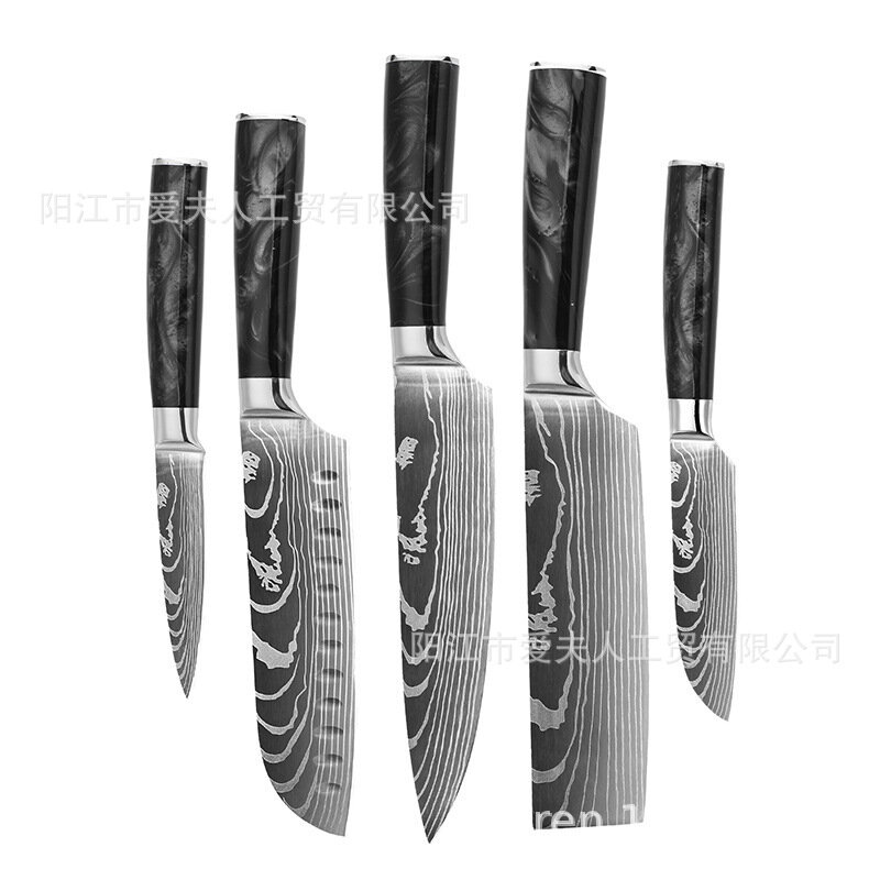 Дамасский поварской нож с лазерной гравировкой, нож сантоку, из нержавеющей стали, для трансграничной торговли на Amazon и AliExpress, с черной рукояткой из смолы.