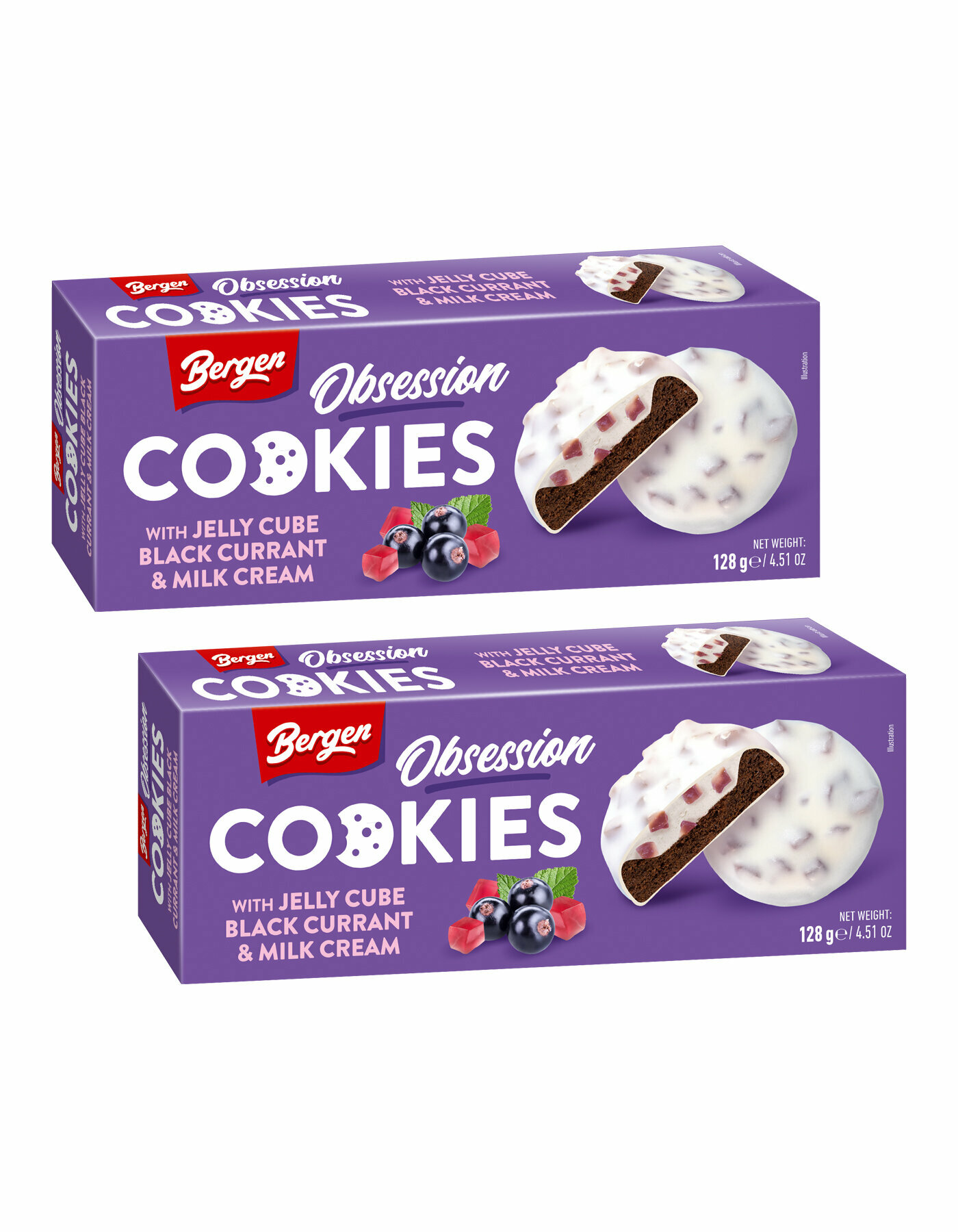 Шоколадное печенье BERGEN "Obsession" с кусочками желе из черной смородины и молочным кремом в молочной глазури,128гх2шт