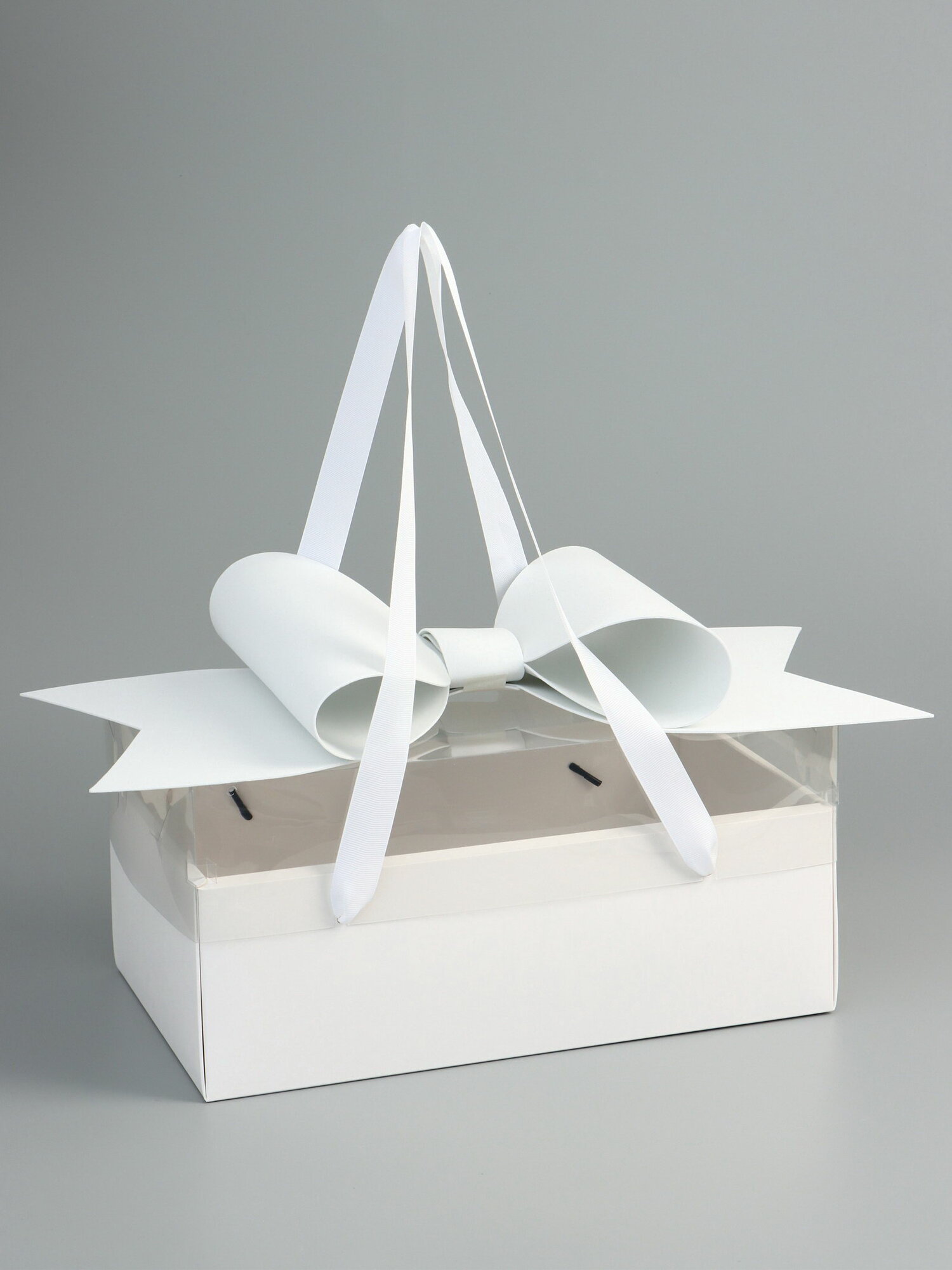 Коробка подарочная с бантом, ручками и прозрачной крышкой 35x21x15 см Белая