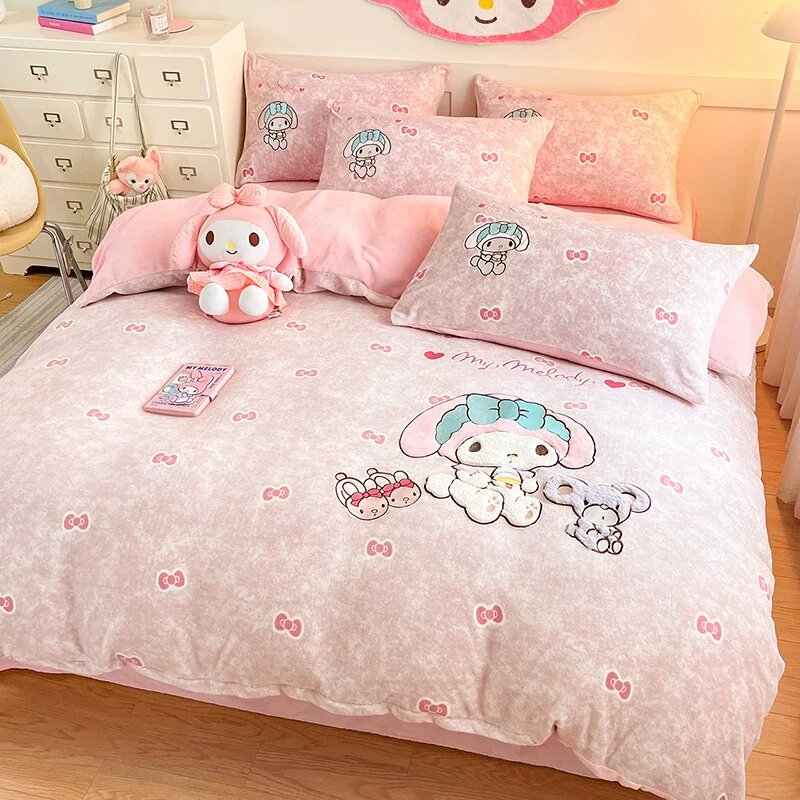 Милый девичий комплект постельного белья HelloKitty из молочного вельвета с вышивкой, включающий пододеяльник на
