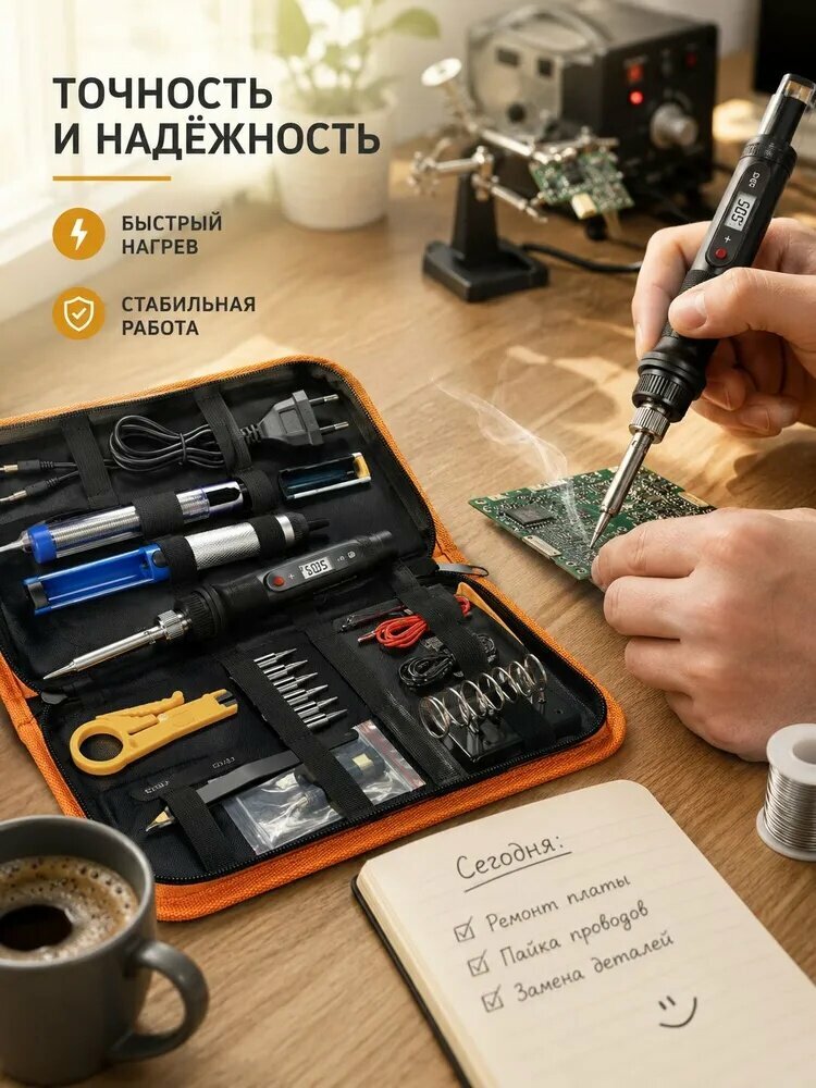 Паяльник 80 Вт, Керамический нагреватель, 15 предметов
