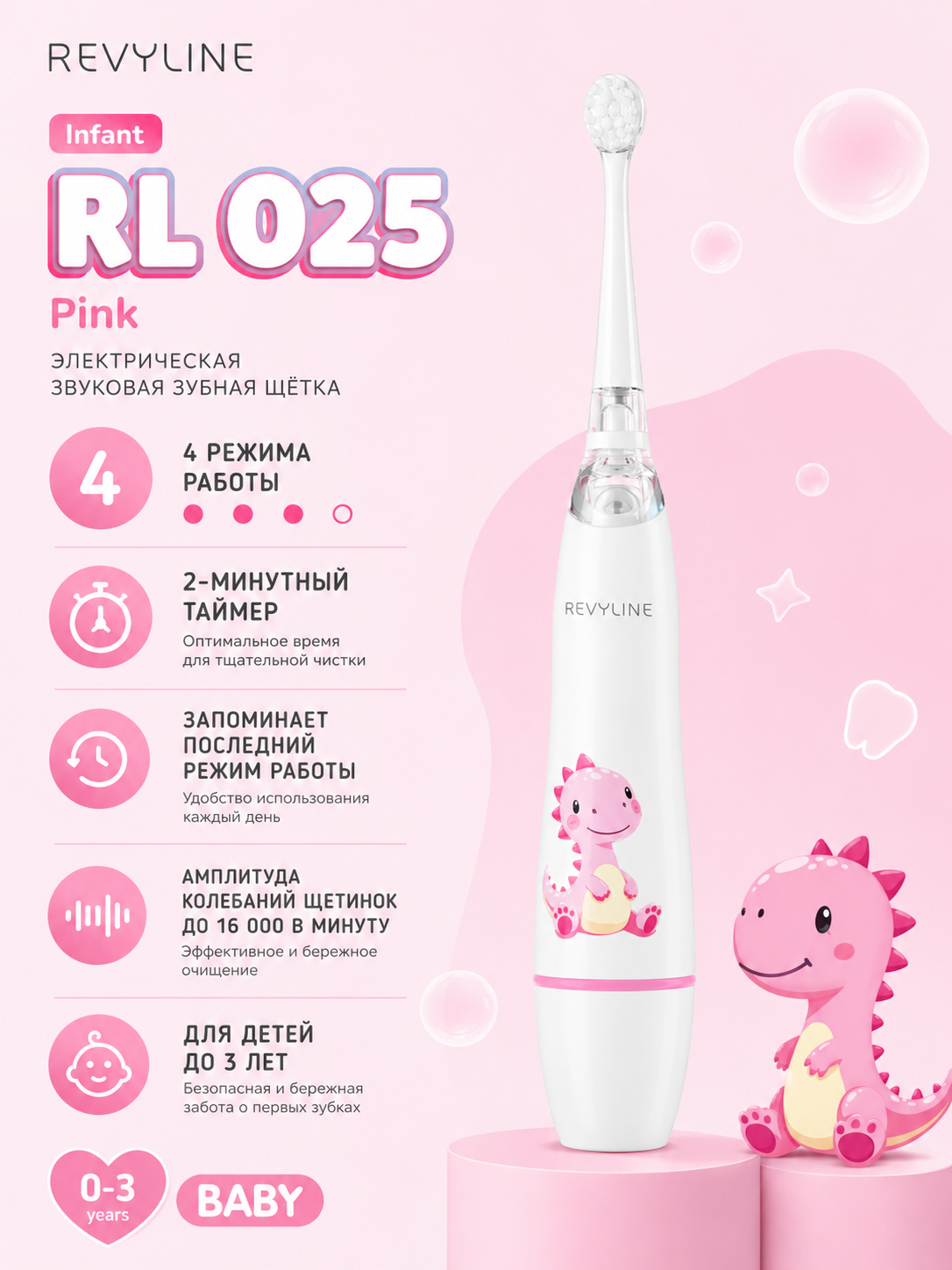 Revyline RL 025 Infant Детская электрическая зубная щетка, розовая