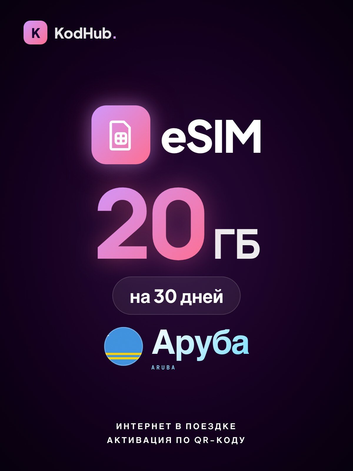 Туристическая eSIM Аруба 20 ГБ на 30 дней | интернет в поездке, связь за границей | QR-код активации