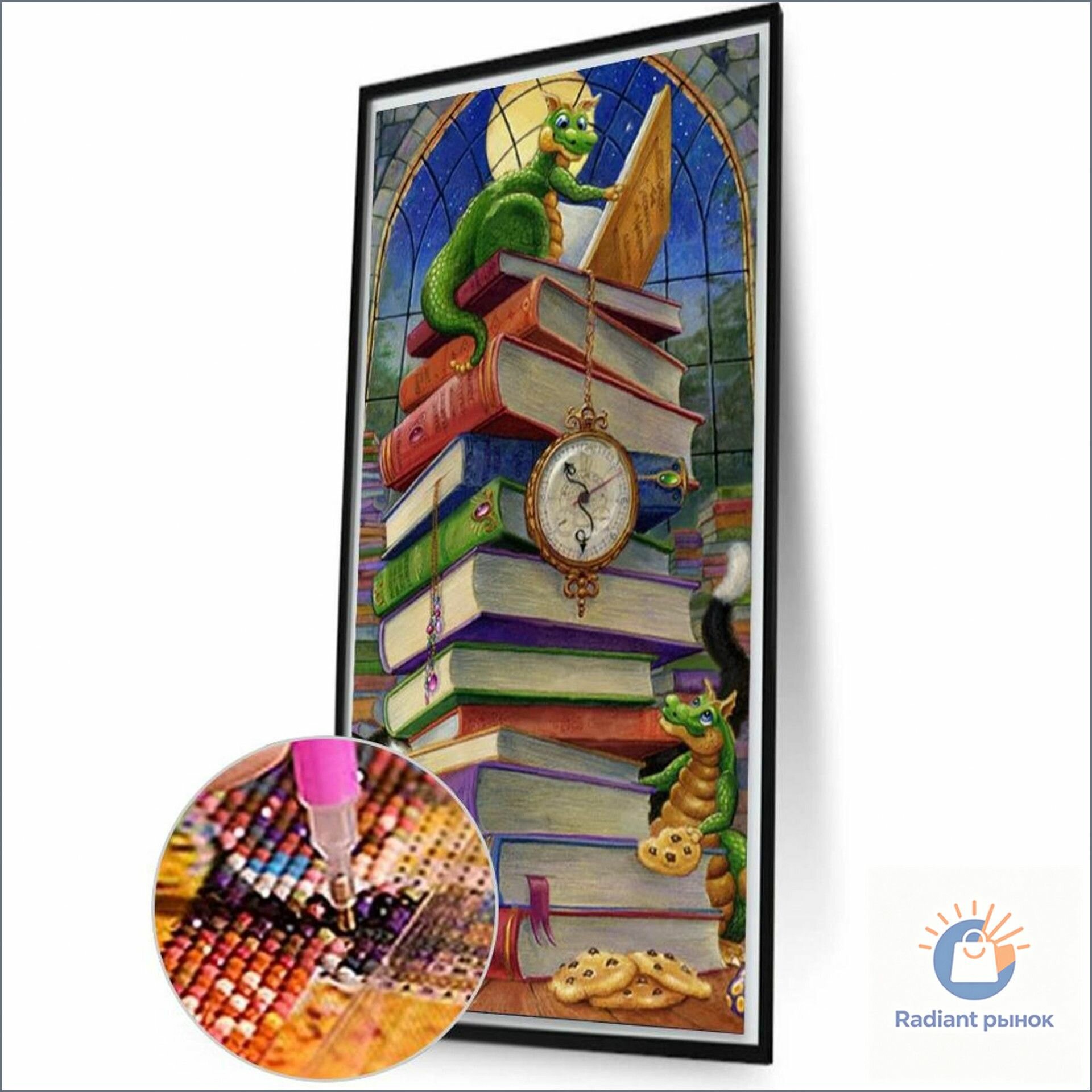 Диамантная вышивка Дракончик на книге , 45 65 см, 5D, резиновые стразы