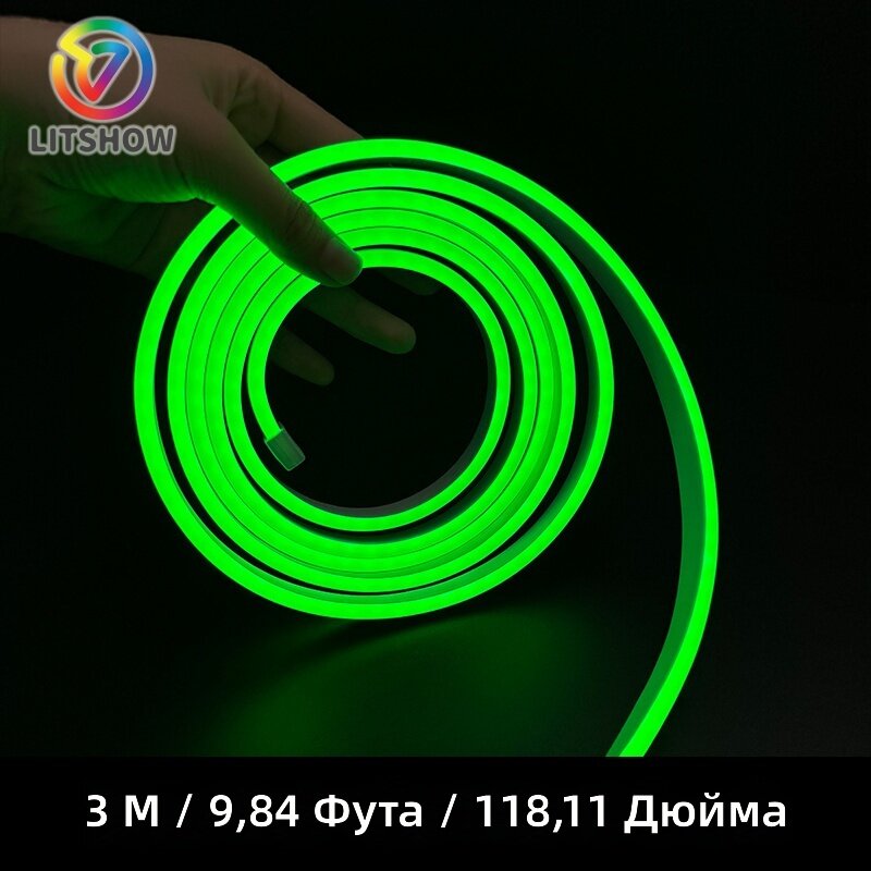 Неоновая LED-лента с USB и кнопкой включения, зелёная, 3 м, гибкая, отрезаемая по размеру