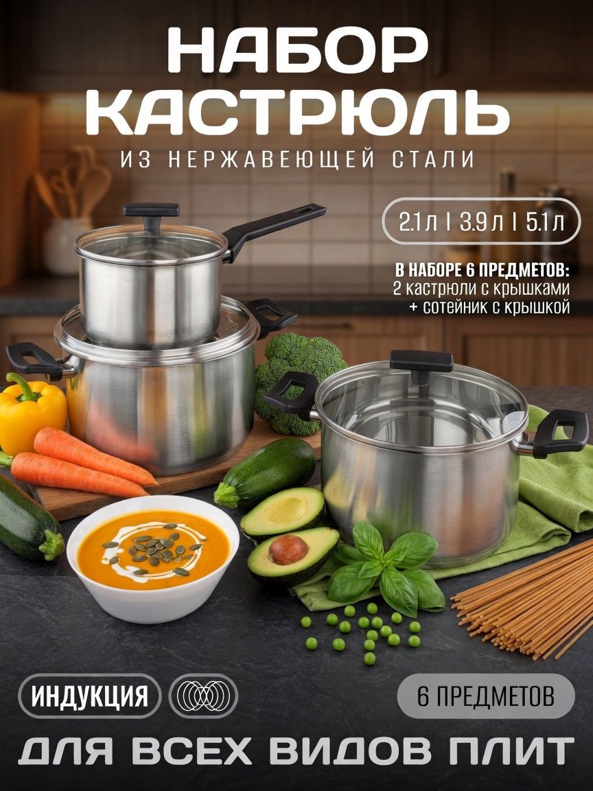Набор Кастрюль С Крышкой С Ковшом И Толстым Дном Для Кухни и Готовки. Маленьких, Больших Из Нержавеющей Стали Для Газовых, Электрических, Индукционных Плит. Веста, 3шт