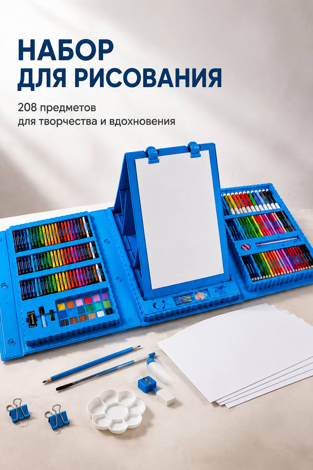 Детский набор для рисования и росписи, 208 предметов, в синем кейсе-органайзере