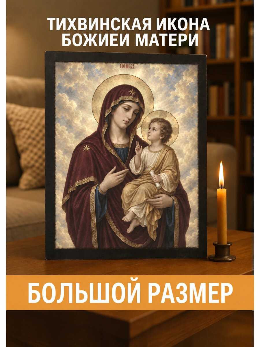 Икона «Тихвинская икона Божией Матери» на натуральном дереве, 30×40 см, храмовая живопись, потёртое золото