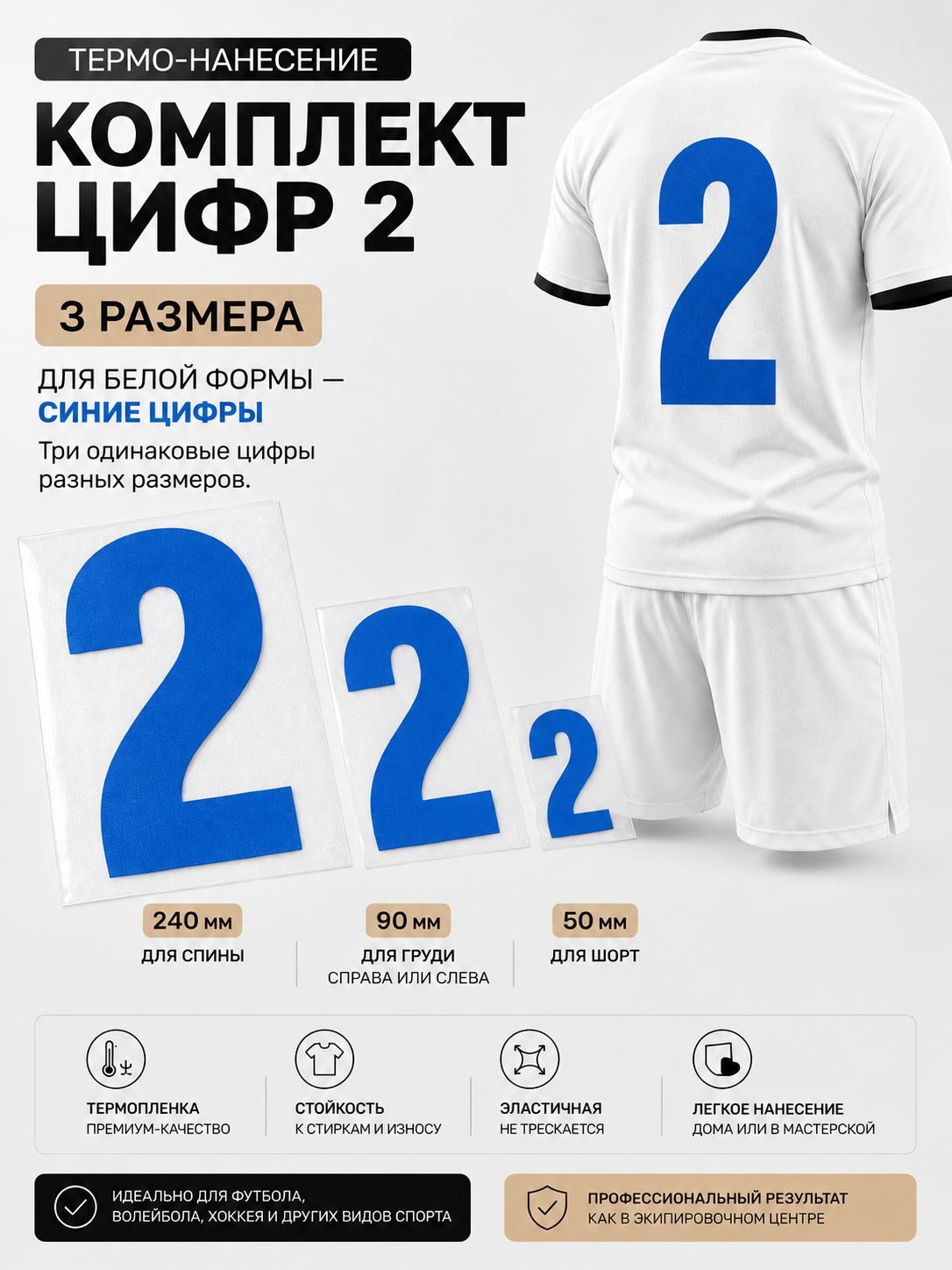 Термоцифра 2 для спортивной формы, синие, 3 размера: 240/90/50 мм