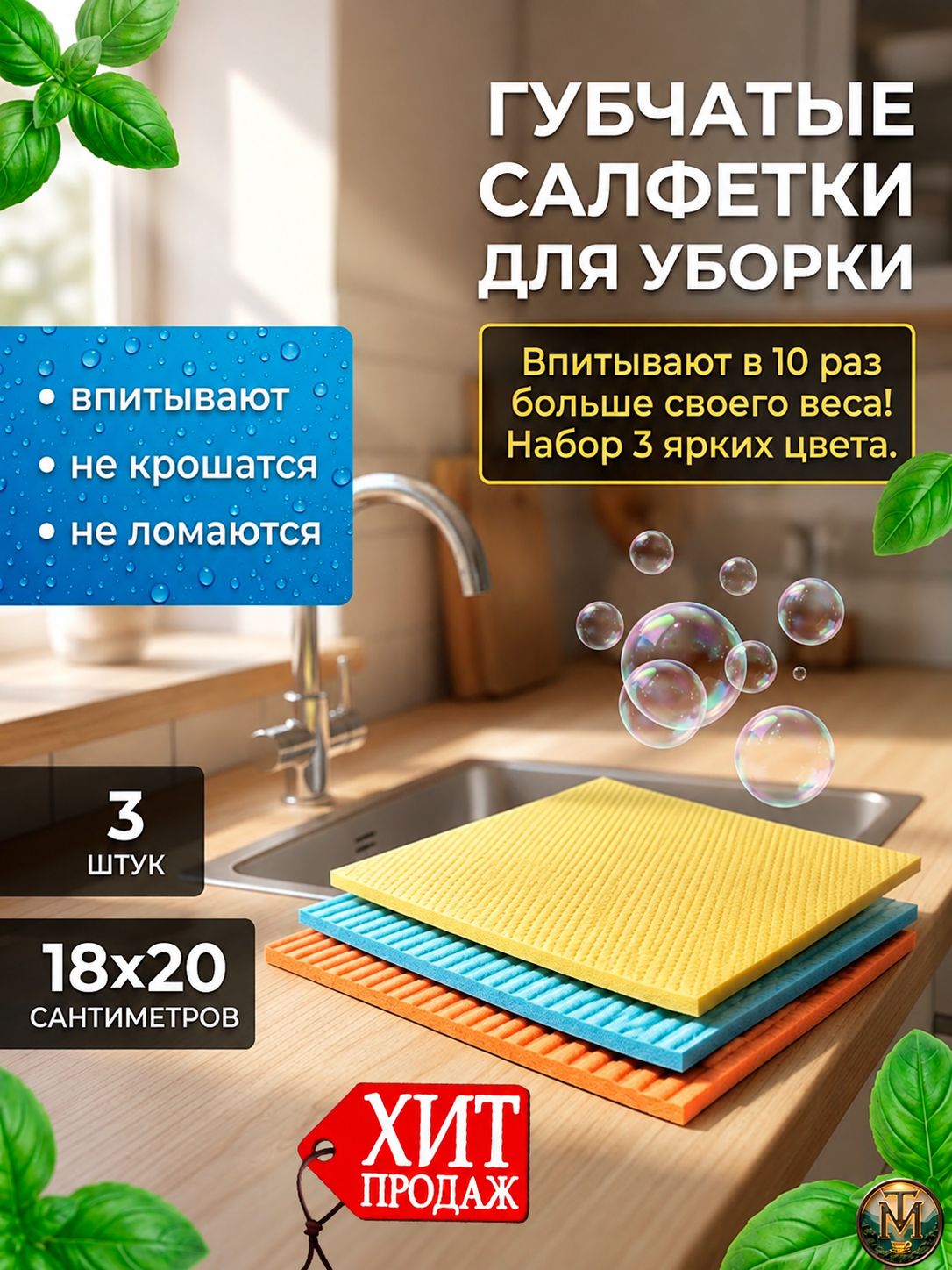 Салфетки для уборки целлюлозные губчатые тряпки для кухни (3 шт)