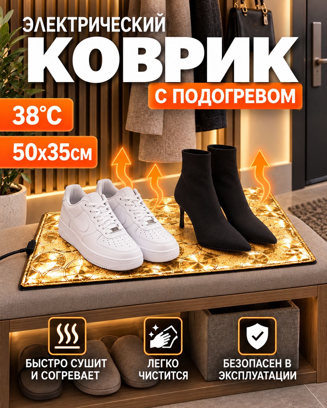 Сушилка для обуви электрическая, коврик с подогревом для ног и домашних животных 50х35 см, инфракрасный обогреватель