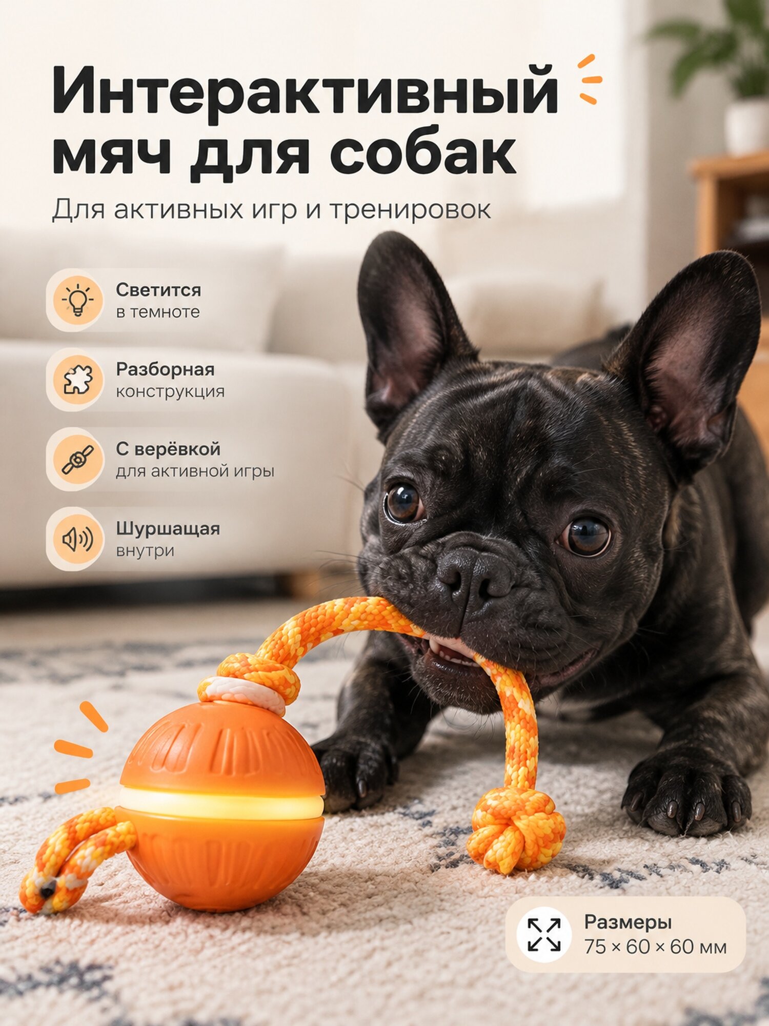 Интерактивный мяч для собак с верёвкой, светящийся и разборный, 75×60×60 мм