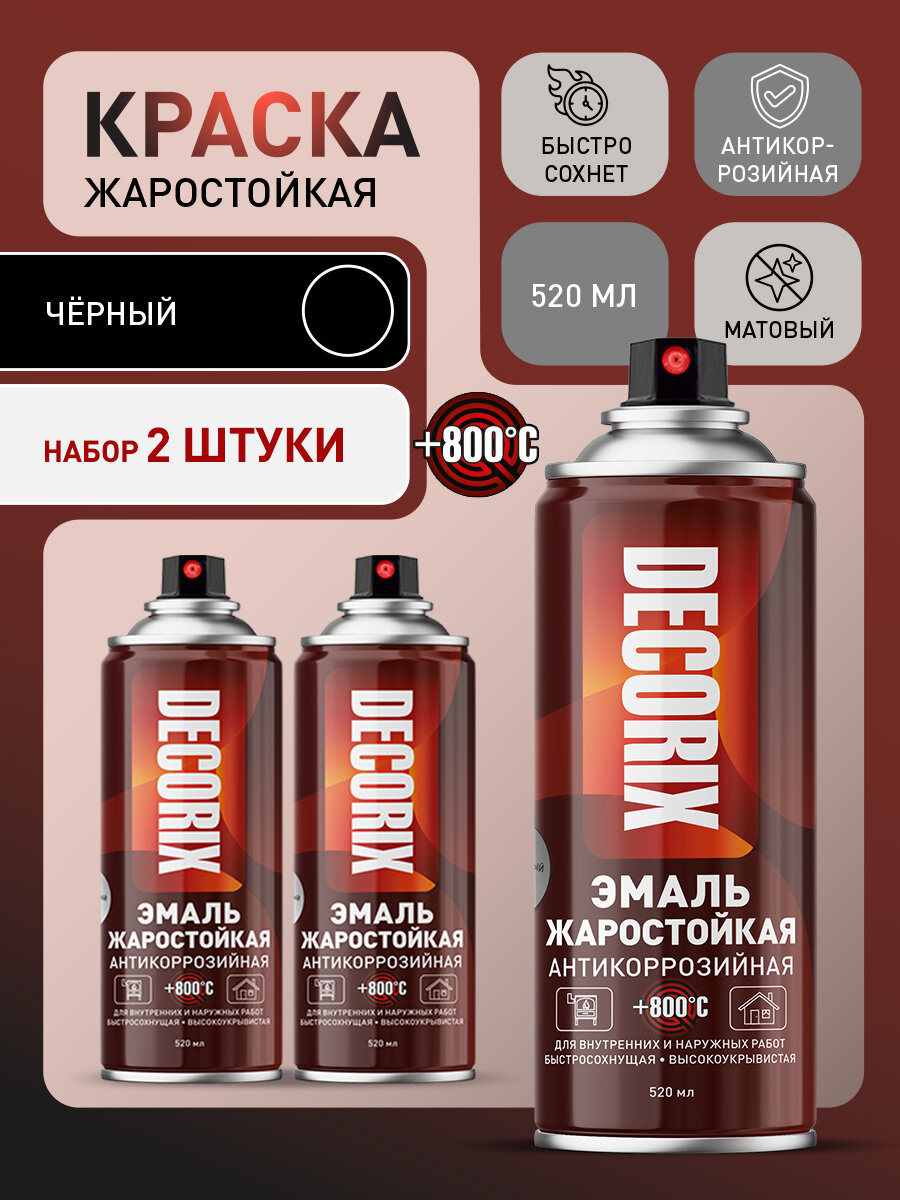 Краска термостойкая черная аэрозольная матовая +800 градусов DECORIX - эмаль жаростойкая 520 мл - комплект 2 шт