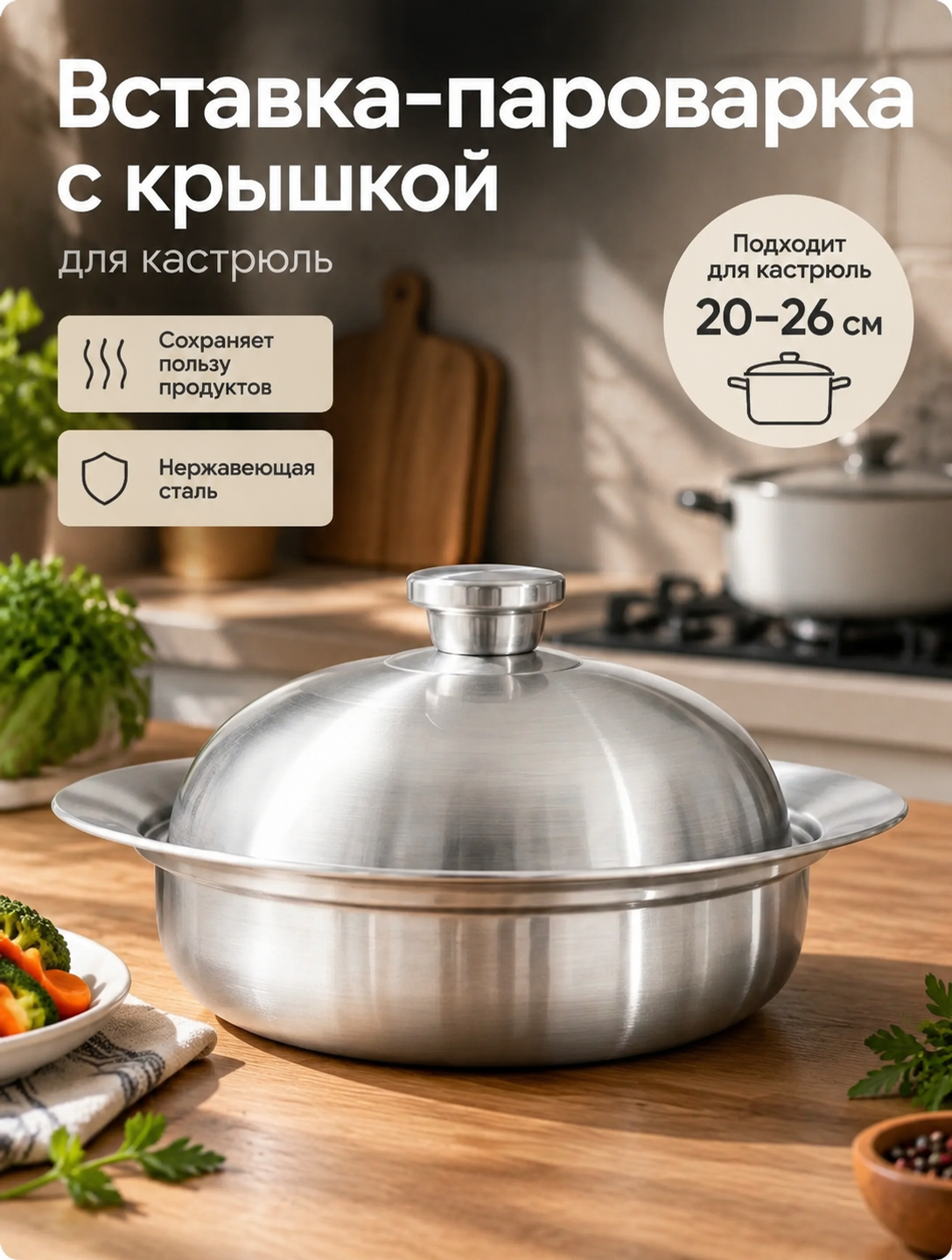 Вставка-пароварка с крышкой для кастрюль диаметром 20–26 см