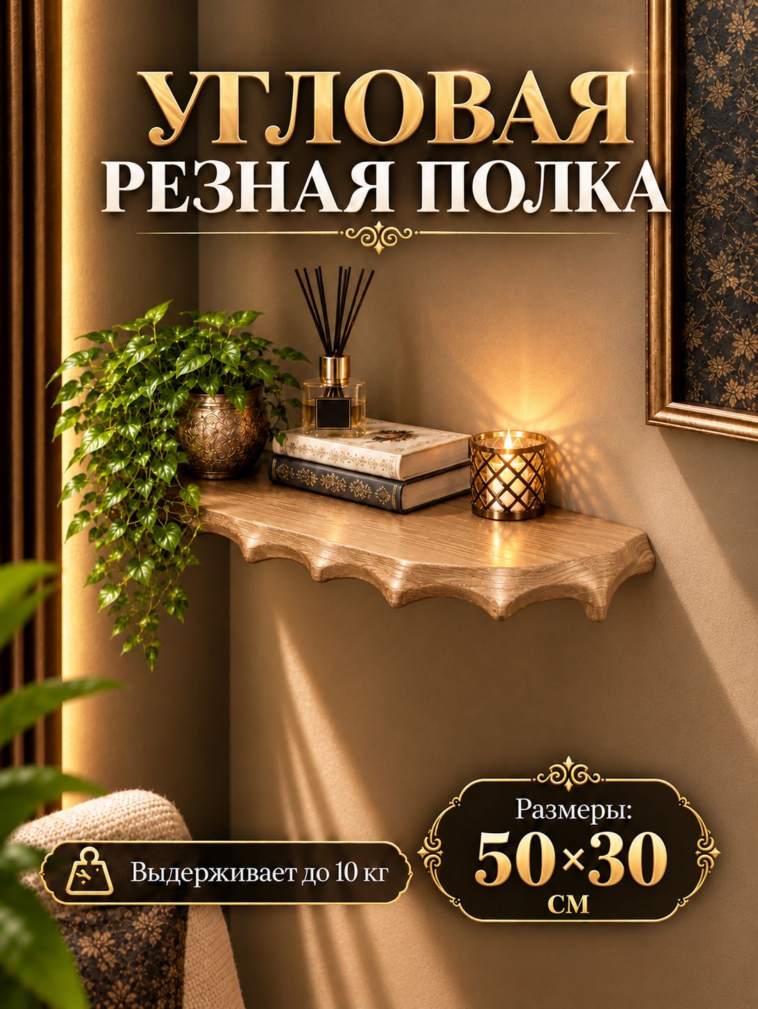 Полка угловая резная 50*30 см, деревянная, ручная работа, декоративная полка на стену для дома и бани
