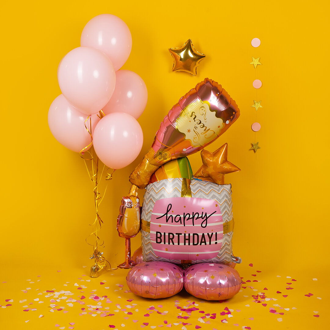 Воздушный шар Falali 3D 48', 122 см, фигурный на подставке, шампанское и бокал, розовый