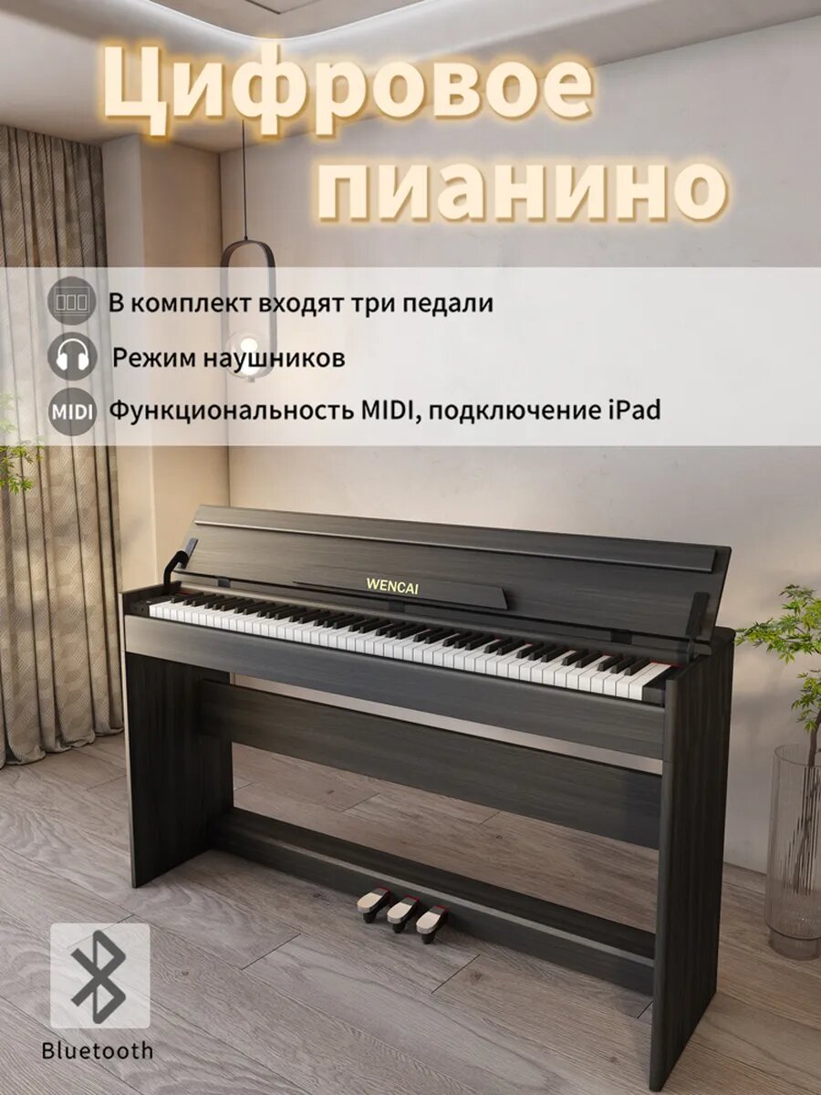 Цифровое пианино Wencai BL-8818,88 клавиш, взвешенной клавиатурой молоточковой, с крышкой клавиатуры педалЯми, ЧерHЫЙ
