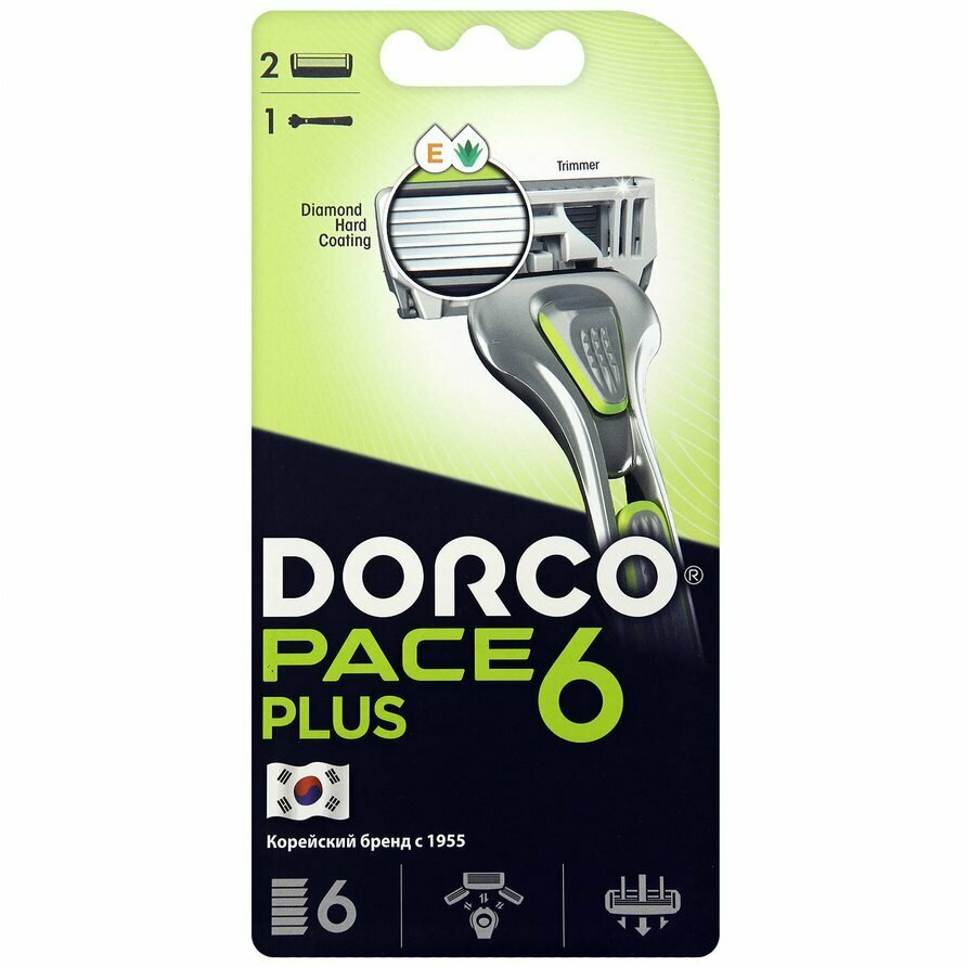 Станок для бритья Dorco Pace 6 New, станок + 2 кассеты, система с 6 лезвиями