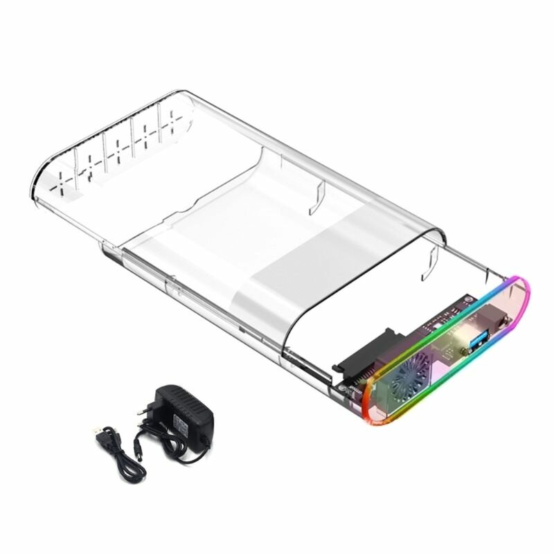 **(1 комплект) Прозрачный корпус для жесткого диска 2.5"/3.5" с RGB подсветкой, USB 3.0 (евровилка)**