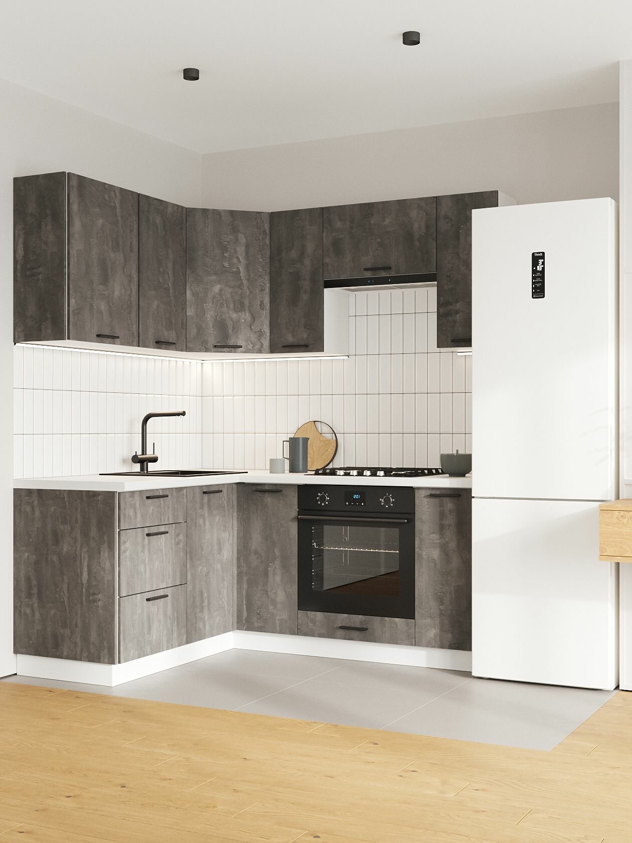 Кухонный гарнитур угловой Урбан 1.8х1.5 м, мебель для дома и кухни, Белый / Камень темный