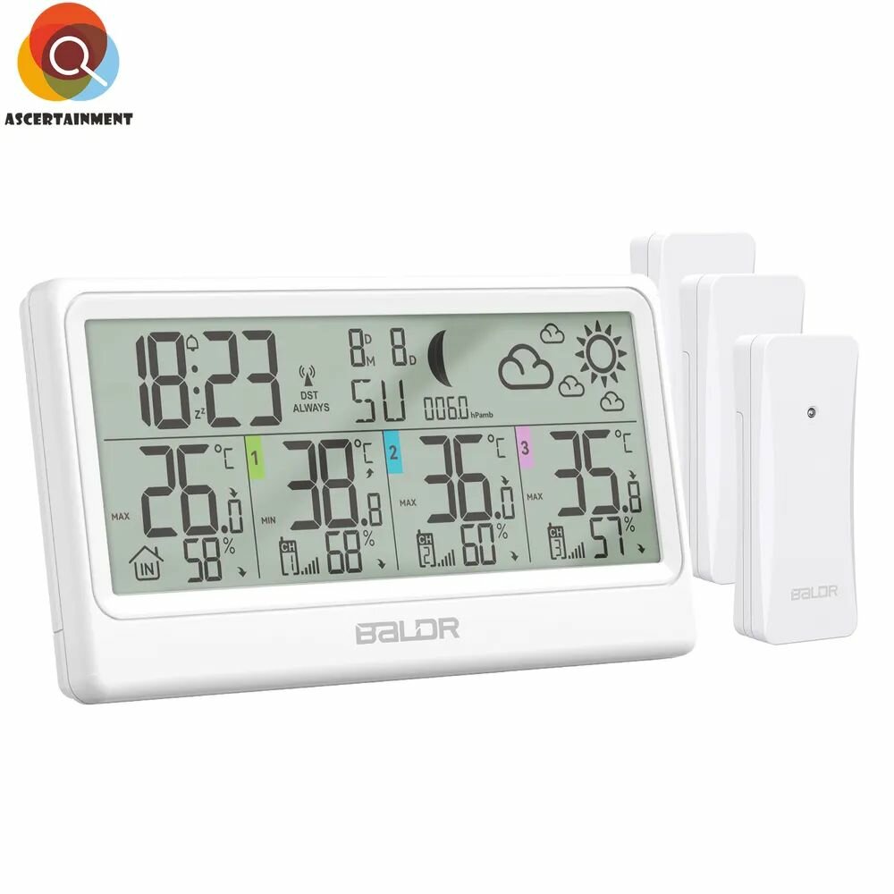 Цифровая беспроводная метеостанция BALDR с тремя удаленными датчиками, метром влажности в реальном времени и трекером температуры с ЖК-дисплеем и сенсорным экраном.