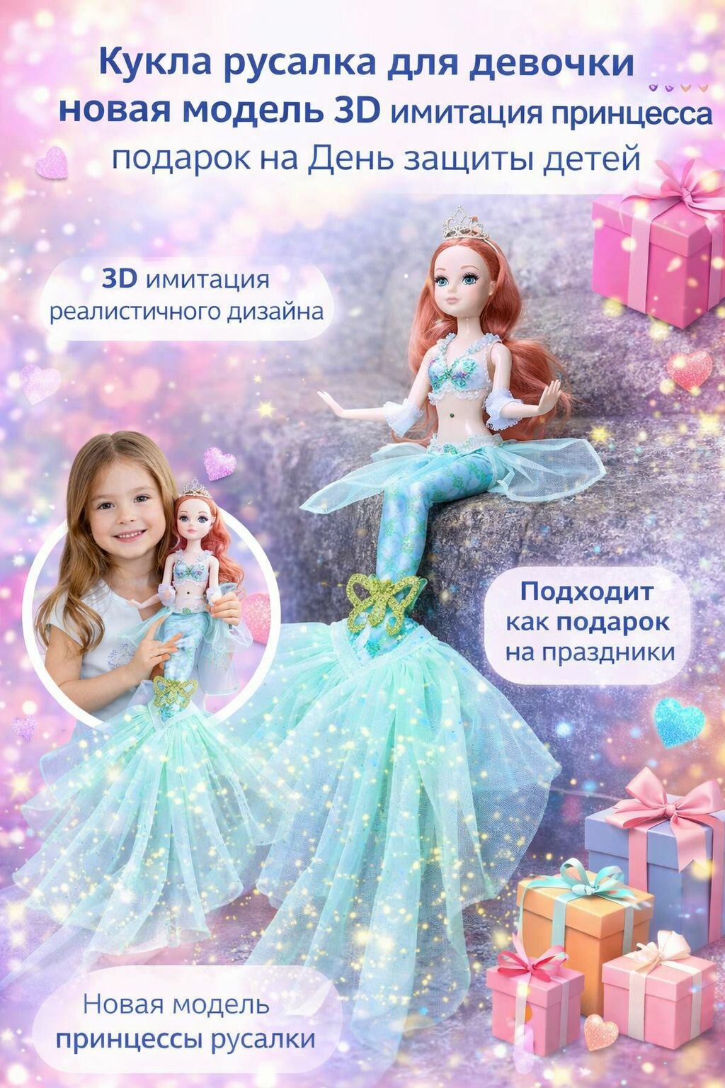 Светло-зеленая кукла-русалка для девочки