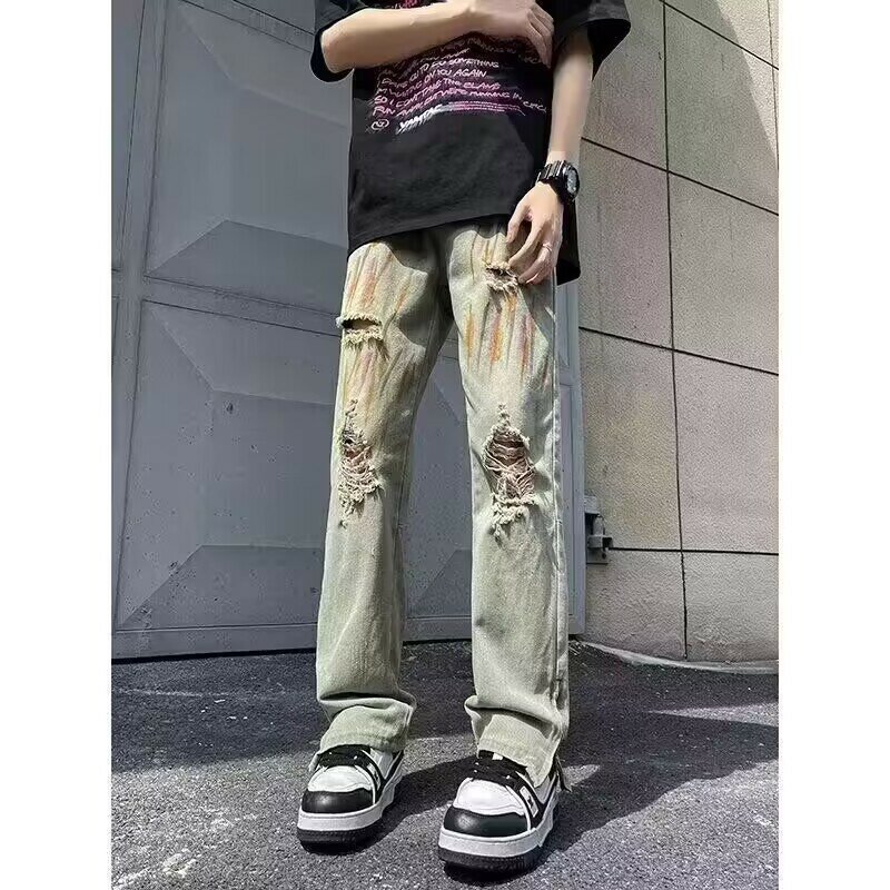 JYL Джинсы Мужские Рваные Осенние Стильные Атмосферные Винтажные Прямые Расшитые Деним, Размер_2XL