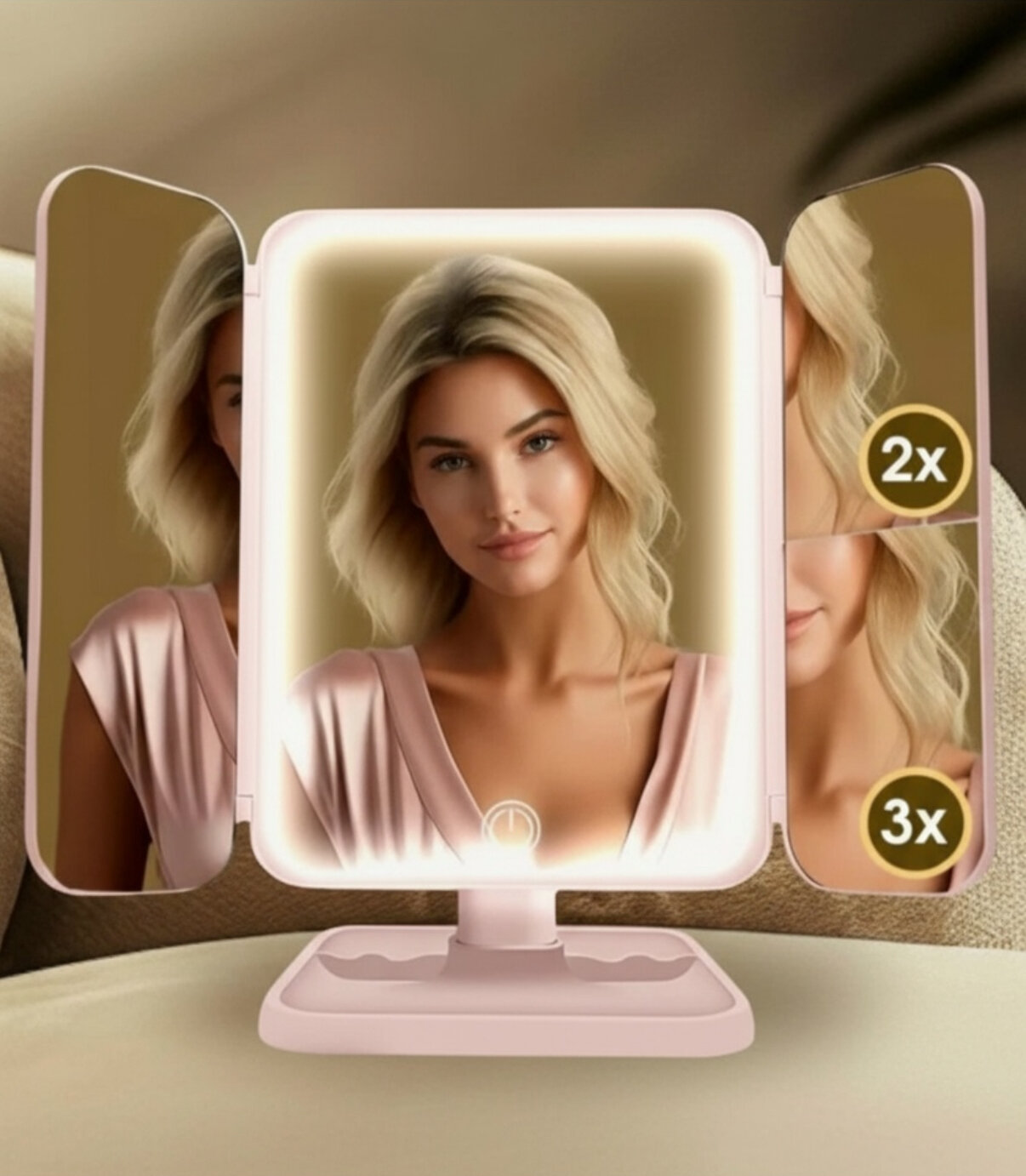 Зеркало для макияжа с подсветкой LED настольное зеркало 3 створки розовое