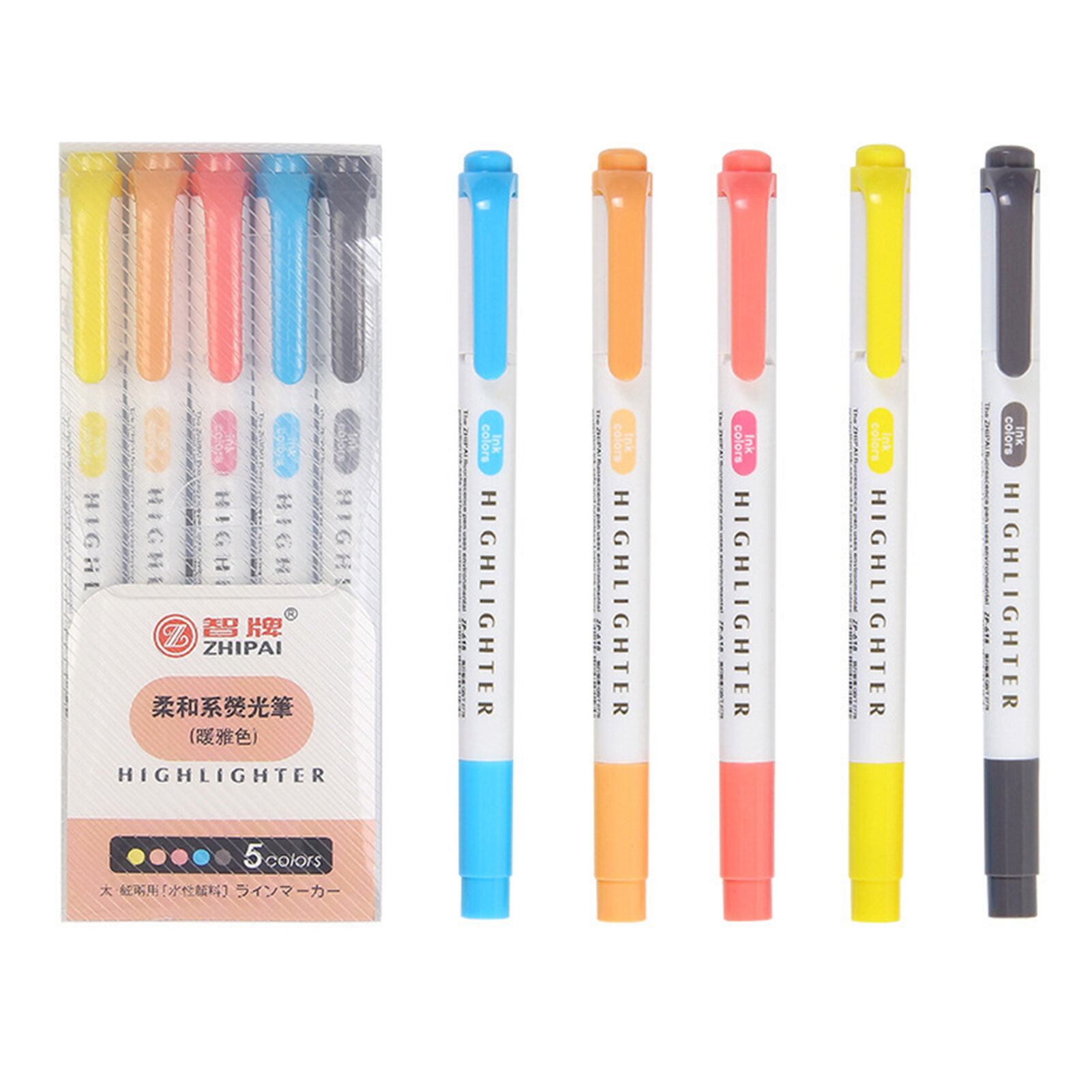 5 Colors Dual Tip Highlighter Pens 1.2mm Fine Tip 3.8mm Chisel Tip 15cm Plastic Shell Fiber Tip 5pcs/set Marker Pen for School Students Office Home Supplies