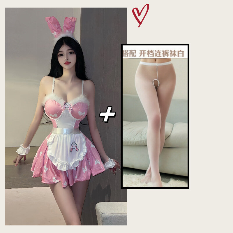 Сексуальный комплект нижнего белья в японском стиле с изображением девушки-зайчика, дизайн в стиле аниме, открытая промежность, не требует снятия. Девушка-зайчик + белые чулки с открытой промежностью.