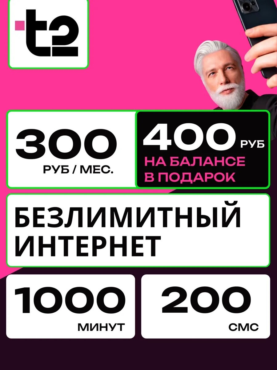 Сим-карта Tele2, с безлимитным интернетом, 1000 мин, 200 СМС, баланс 400 р в подарок