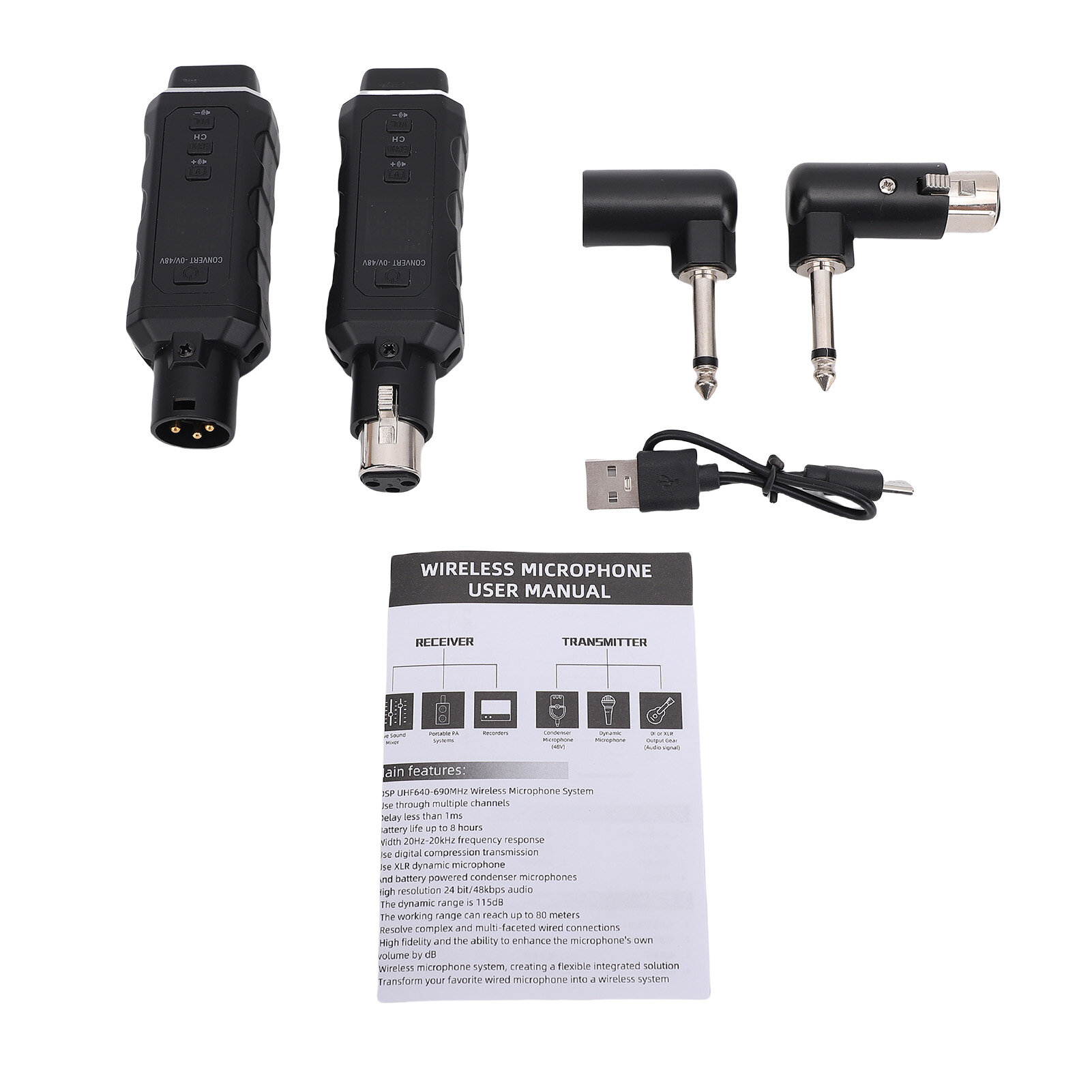 Беспроводной микрофон XLR с передатчиком и приемником, динамический конденсаторный микрофон для звукорежиссёра, электрогитары, бас-гитары, перезаряжаемый, 1 передатчик/приемник.