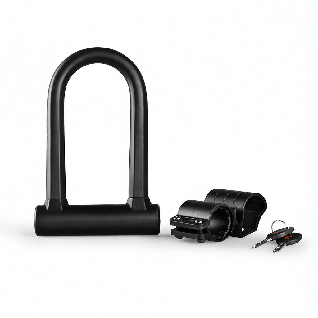 Замок U для велосипеда антивандальный из сталя комбинационный с креплением, черный цвет, диаметр бруса 16мм, замочное пространство 145*70мм, вес упаковки 816.5г, размер упаковки 20.5*25*1см, в комплект входят 1 замок U, 1 креплений, 2 ключа