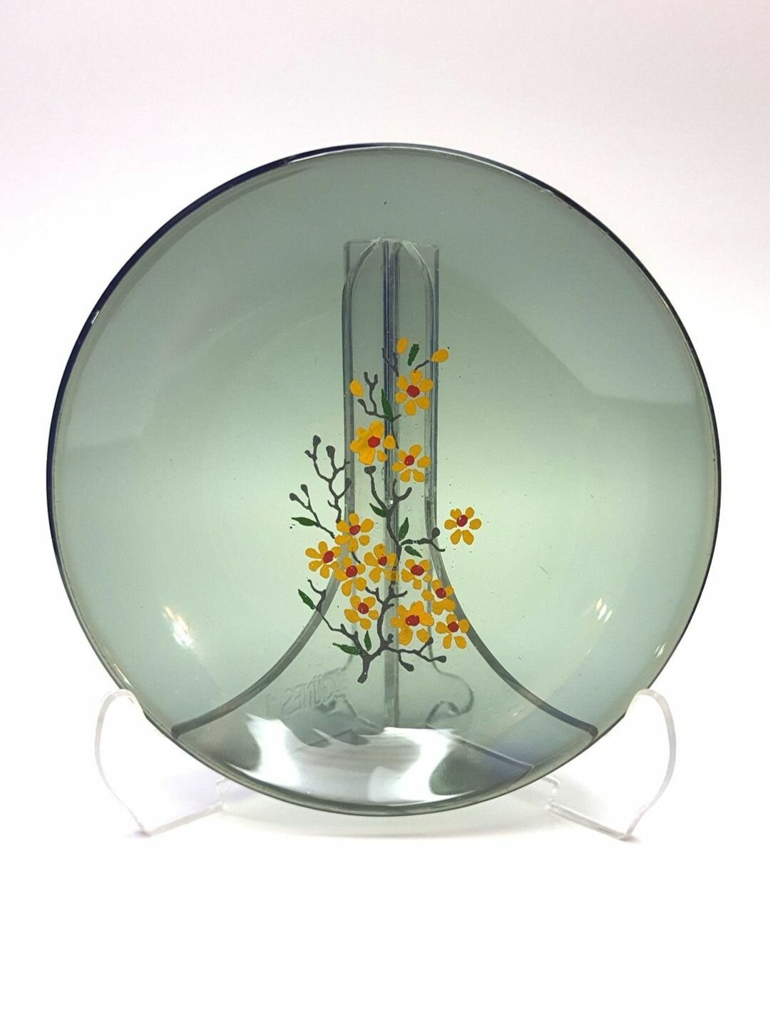 Винтажная розетка блюдечко Цветы, 10 см, цветное стекло, ручная роспись, СССР, 1970-1991 гг.