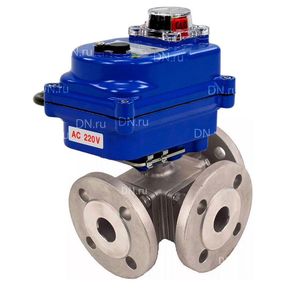 Кран шаровой DN.ru 316-316-PTFE L-тип Ду20 Ру16 полнопроходной трехходовой, нержавеющая сталь SS316, фланцевый, уплотнение - PTFE, с электроприводом четвертьоборотным DN.ru QT-003-220-blue
